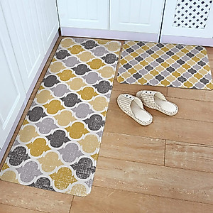 Kitchen Rugs Sets 2 Pces, Retro Morocco Geometry Vintage Pattern Yellow Gray Floor Mats Non Skid Door Rugs Runner Rug for Bathroom, Living Room, Laundries, Bedside, Bedroom