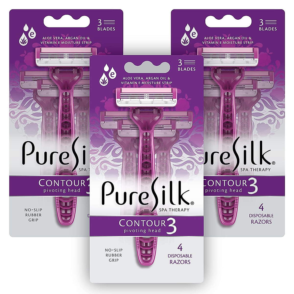 Pure Silk Contour 3 Premium Disposable Razor Value Pack Bundle (3 Packs/12 Total Razors)