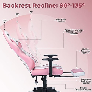 Game Chair with Footrest - Pink Gaming Chair with Massage, Swivel Ergonomic Video Gamer Chairs Leg Rest Height Adjustable Headrest Lumbar Support Backrest Recliner Esports for Adult