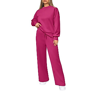 PRETTYGARDEN Women Two Piece Sweatsuits 2024 Long Sleeve Pullover Tops Wide Leg Pants Sets Matching Sweat Outfits (Rose Red,Large)