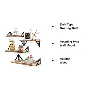 Klvied Floating Shelves Wall Mounted Set of 4, Rustic Wood Wall Shelves, Storage Shelves for Bedroom, Living Room, Bathroom, Kitchen, Office and More, Carbonized Black