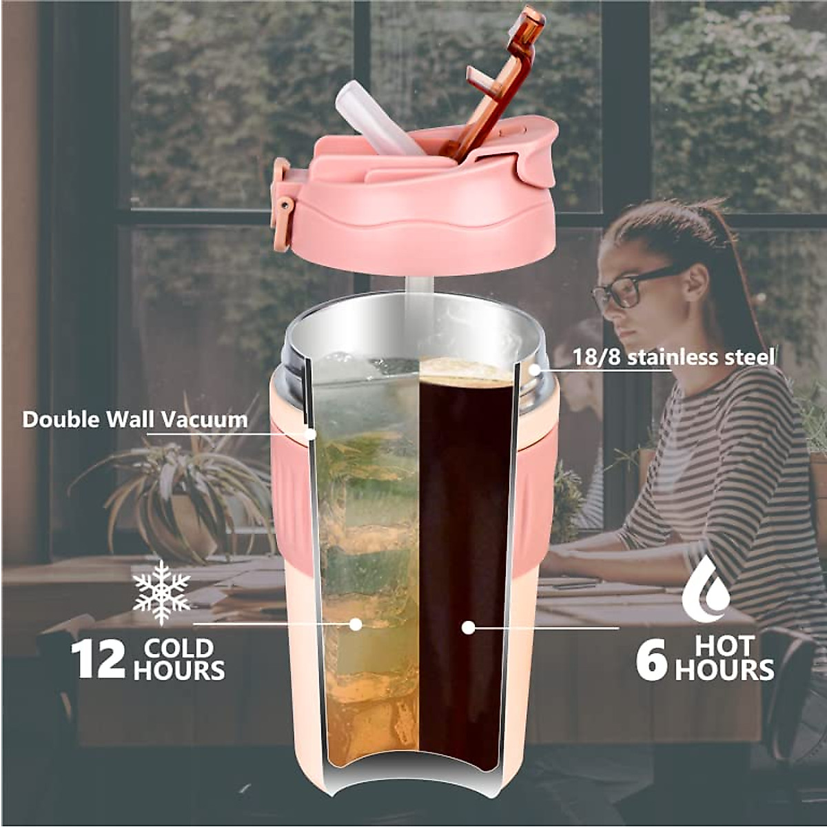 Coffee Travel Mug, Double Walled Insulated Vacuum Coffee Tumbler With Leakproof Flip Insulated Coffee Mug, For Hot And Cold Water Coffee And Tea In Travel Car Office School Camping (Pink, 17)