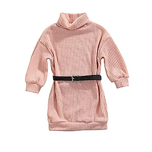 GOOCHEER Little Toddler Baby Girl Outfits Turtleneck Knit Sweater Dress Kids Solid Ribbed Long Sleeve Dresses +Belt Fall Clothes (A-Pink, 6-7 Years)