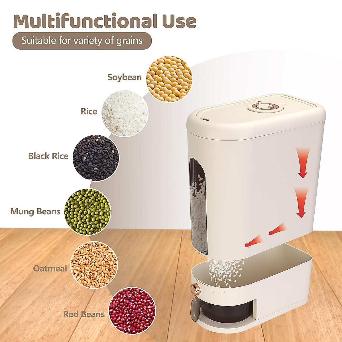 Triiter 25Lbs Rice Dispenser,Large Rice Container with Measuring Cup,Moisture Proof Cereal Dispenser Storage with Time Scale,Dry Food Dispenser,Kitchen Organization Home Pantry Rice Corn(Cream White)