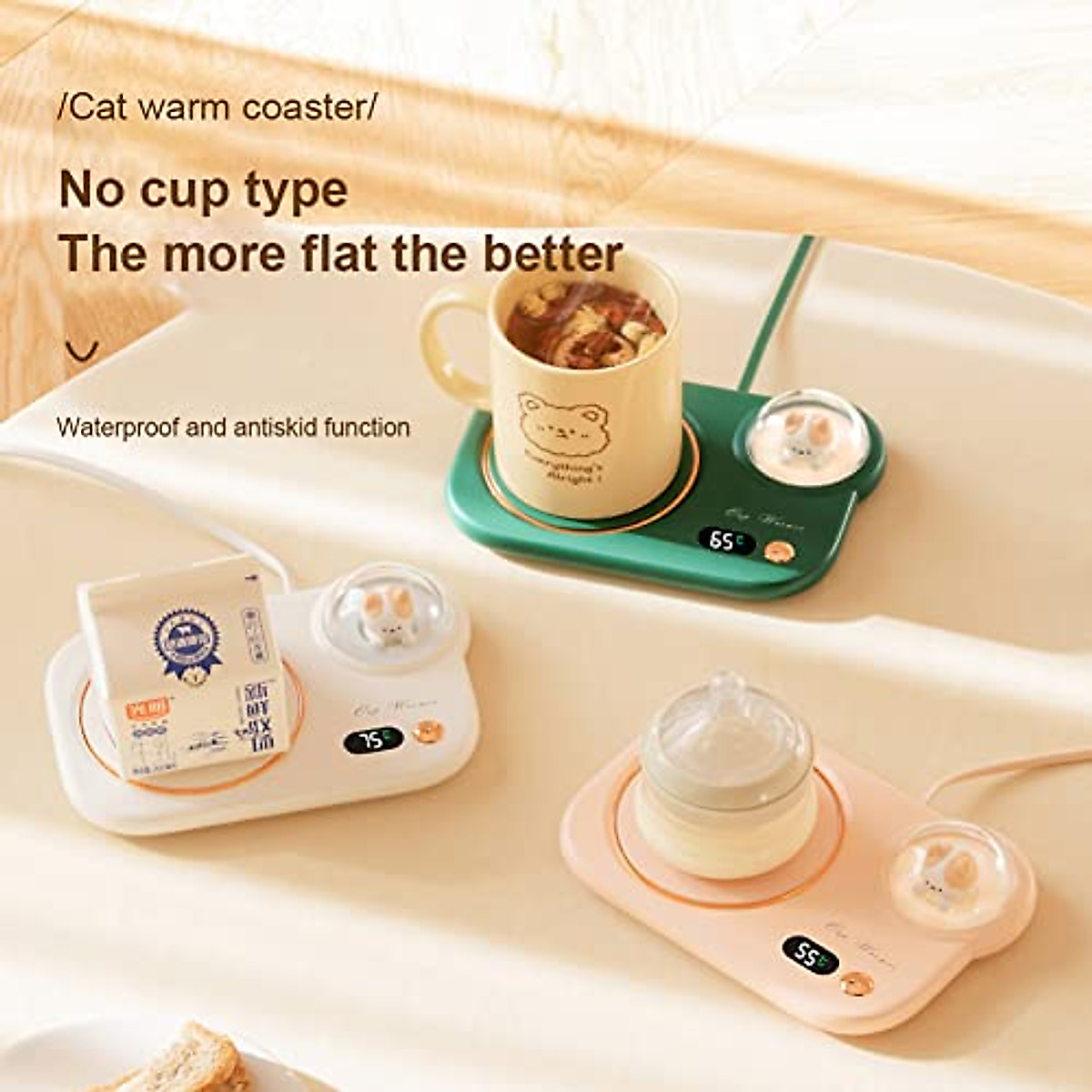 Smart Coffee Mug Warmer, Coffee Cup Heater with Cute Cat Night Light, Auto Shut Off, 3 Temperature Setting LED Display, Electric Beverage Warmer Plate for Coffee Tea Milk Cocoa and etc, Pink