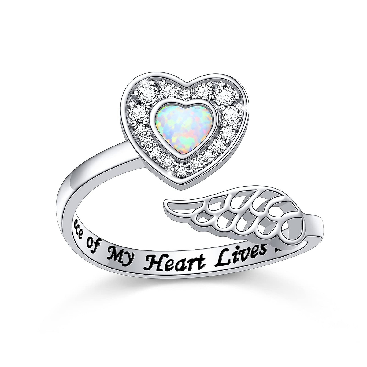 925 Sterling Silver Angel Wing Ring for Women Memorial Jewelry Engraved A Piece of My Heart Lives in Heaven Wrap Open Ring Lap Opal Heart Rings Adjustable Size 8