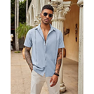 COOFANDY Men's Short Sleeve Guayabera Shirts Linen Cuban Camp Shirt~ Light Blue