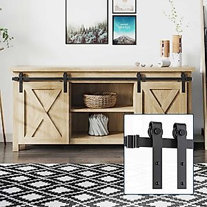 EaseLife 5 FT Cabinet Mini Sliding Double Barn Door Hardware Track Kit,Easy Install,Slide Smoothly Quietly,Apply for Storage Window TV Stand and Other Shielding (No Cabinet)