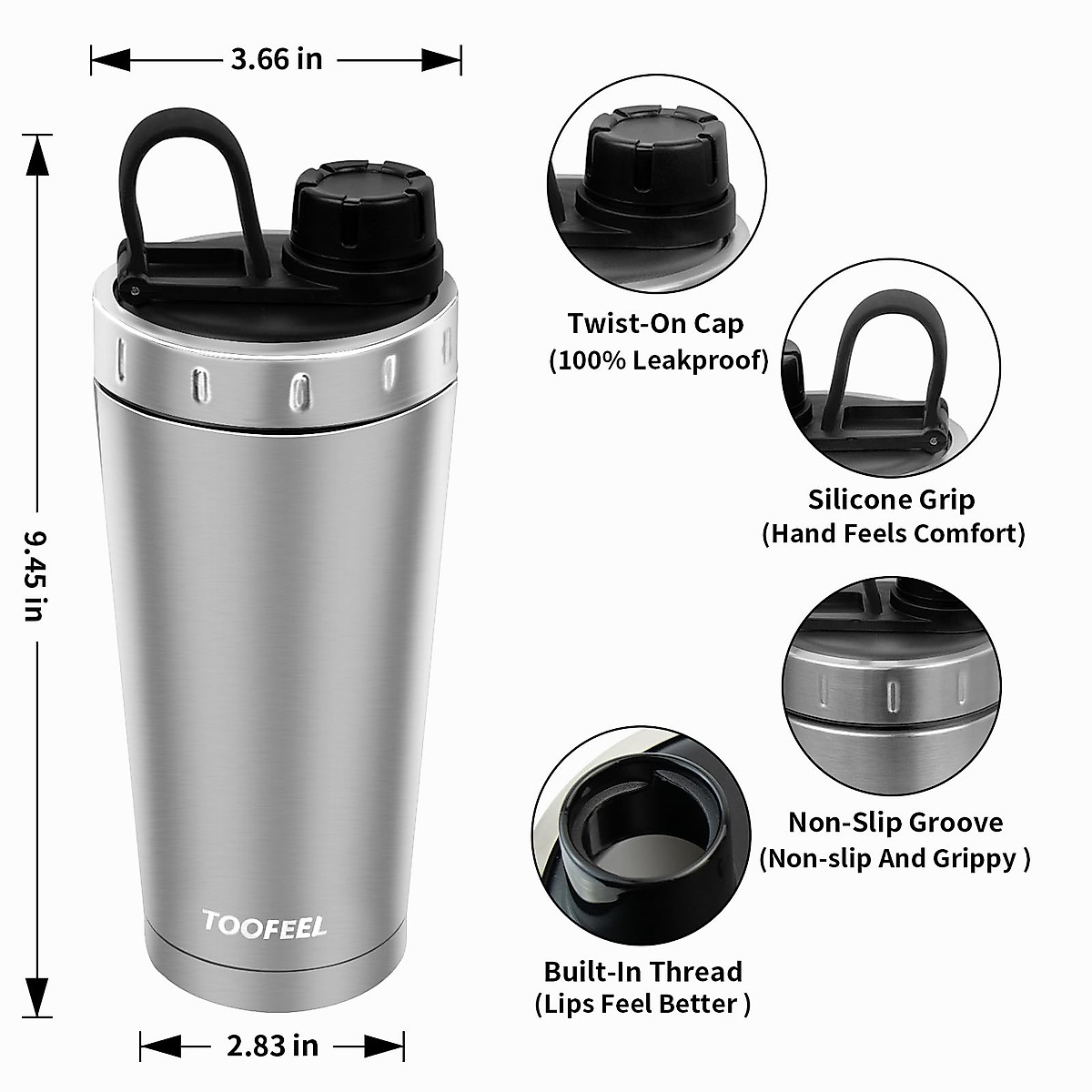 TOOFEEL Protein Shaker Bottle 20 oz - Double Walled Insulated Vacuum Shaker Cups for Protein Shakes, Keeps Cold/Hot, Metal Stainless Steel Shaker Bottle, Preworkout Gym Shaker Bottle
