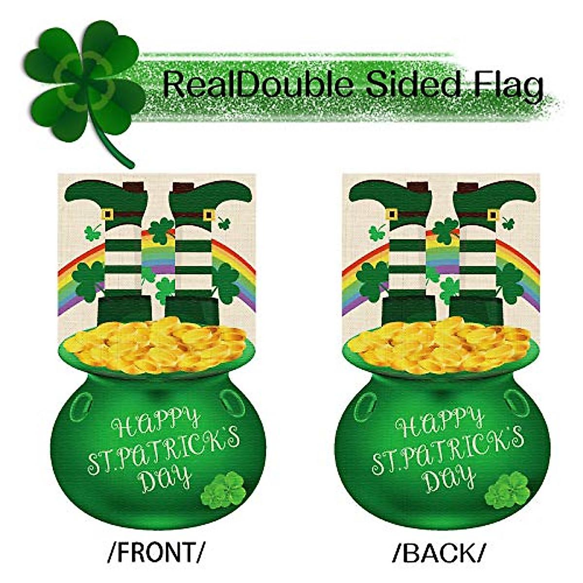 Whaline St. Patrick's Day Garden Flag 12.8x18.8" Green Gold Coin Pot Yard Flag Double-Sided Irish Leprechauns Shamrock Clover Burlap House Flag Farmhouse Outdoor Flag for Home Yard Holiday Party Decor