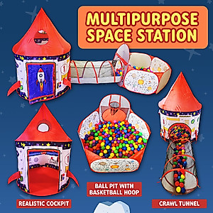 Playz 3pc Rocket Ship Astronaut Kids Play Tent, Tunnel, & Ball Pit with Basketball Hoop Toys for Boys, Girls, Babies, and Toddlers - STEM Inspired Educational Galactic Spaceship Design w/Planets