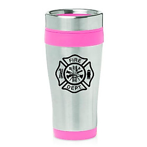 16oz Insulated Stainless Steel Travel Mug Coffee Mug Tumbler Fire Department Maltese Cross Firefighter (Pink)