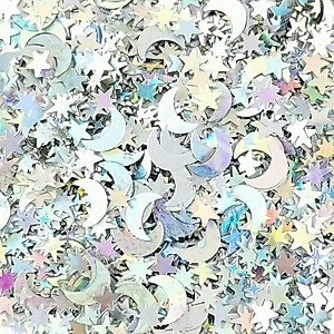 Hrovsur Table Confetti for Party - Star Moon Confetti Iridescent Metallic Glitter Foil Confetti for Birthday Anniversary Wedding Graduation Party Bachelorette Party Baptismal Party DIY (Silver)