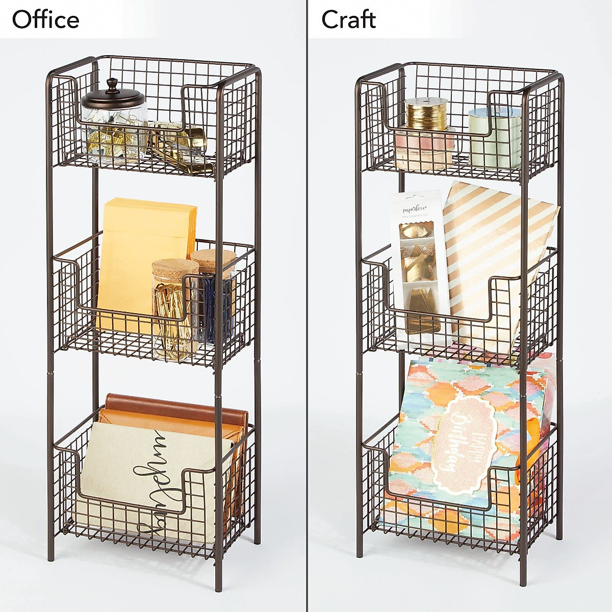 mDesign Steel Freestanding Storage Organizer Tower Rack Basket Shelf, Metal 3-Tier Furniture Unit for Master/Guest Bathroom, Powder Room - Holds Bath Towels, Soap - Concerto Collection - Bronze