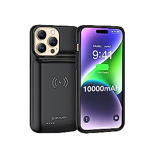NEWDERY 10000mAh Battery Case for iPhone 14/14 Pro/13/13 Pro, Wireless Charging & Wired Earphone & Sync-Data Supported, Portable Extended Charger Case for iPhone 14/13 Pro, 6.1 inch Black