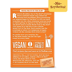 Sugar in the Raw MONK FRUIT IN THE RAW, Natural Monk Fruit Sweetener, Sugar-Free, Gluten Free, Zero Calorie, Vegan Sugar Substitute, 40 Count Packets (Pack Of 4)
