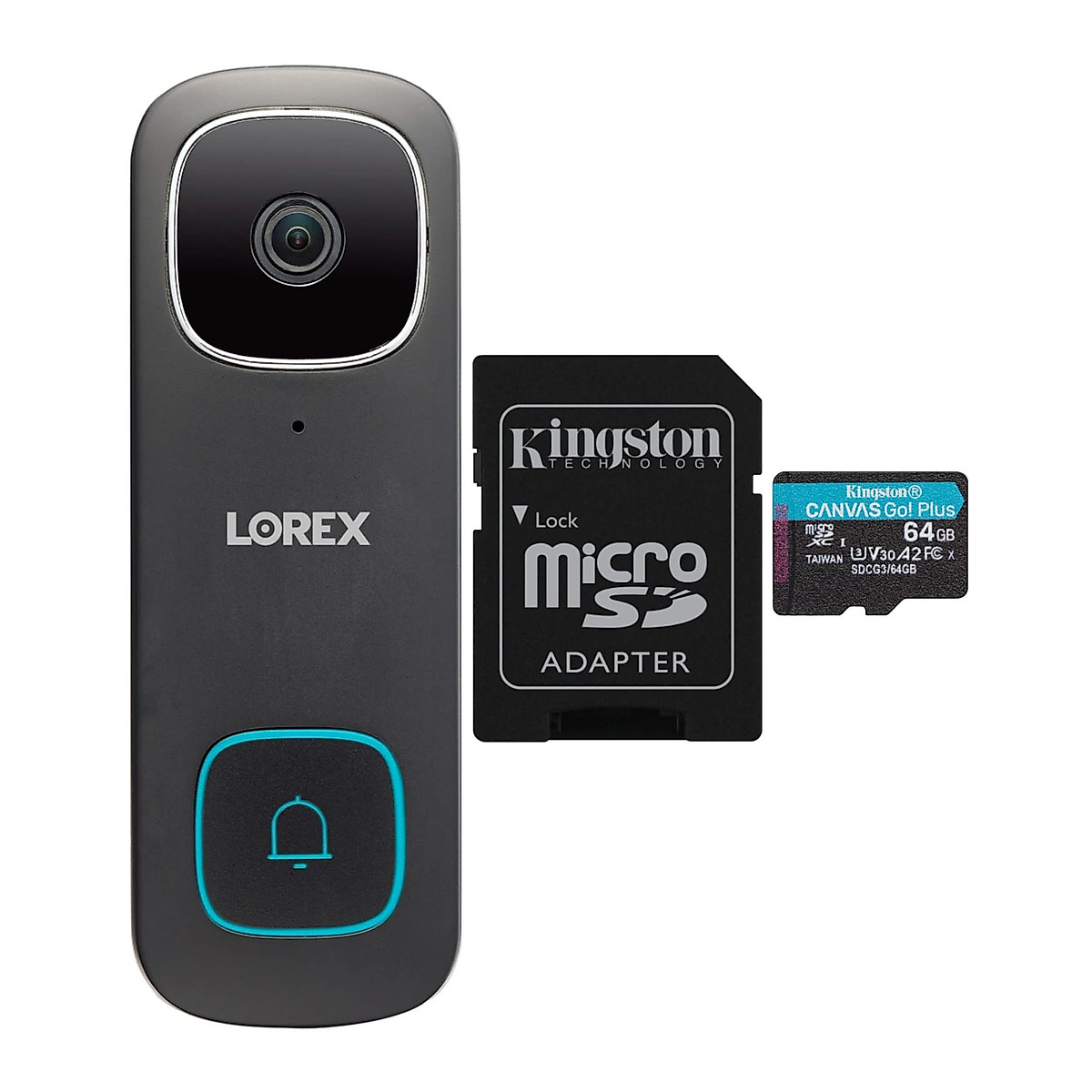Lorex 2K Wired Video Doorbell (Black) with 64GB MicroSD Memory Card Bundle (2 Items) LORB451AJDBE_K1