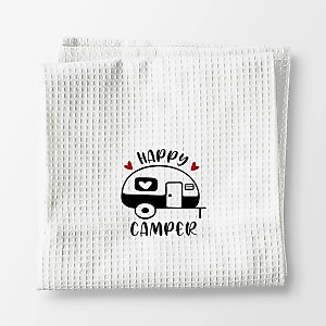 Voatok Happy Camper Camping Hand Towels Kitchen Towels Dish Towels,Cartoon RV Camping Decor Towels,Campers Camping Lovers Adventurers Men Gifts