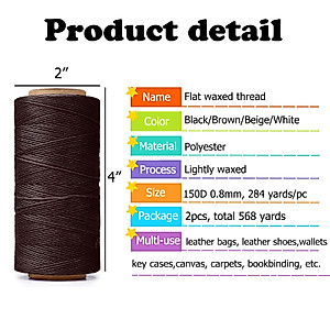 HILELIFE Waxed Thread, 568 Yards 2 PCS 150D 0.8mm Waxed Thread for Leather Sewing, Leather Thread for Hand Sewing, Leather Craft DIY, Wallets, Shoe Repairing, Book Binding (Brown)