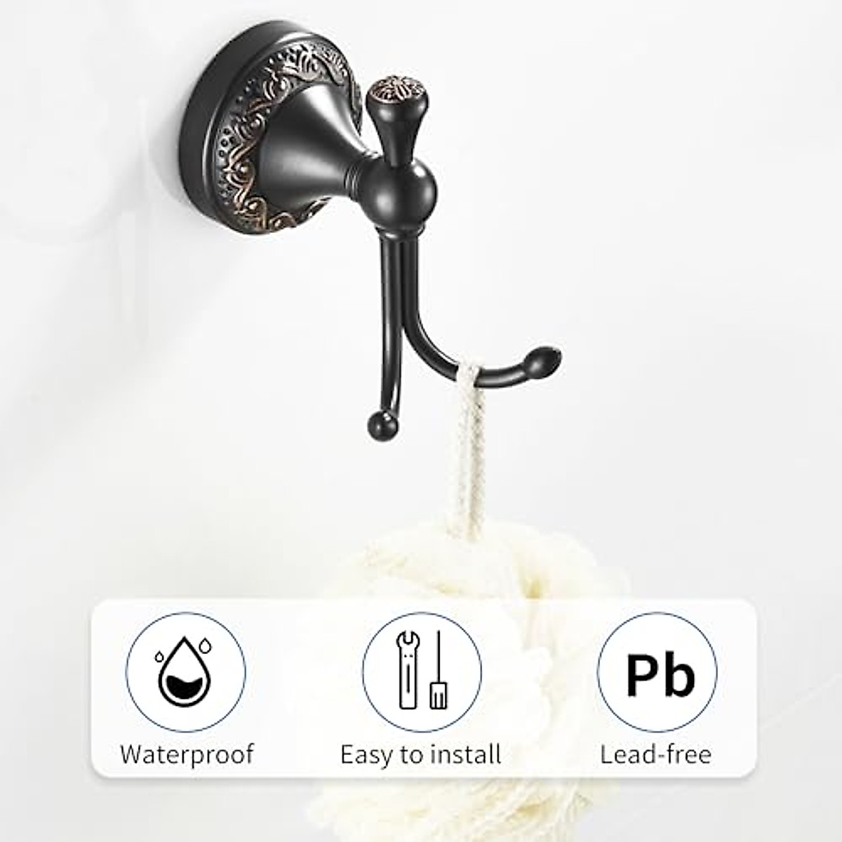 PEONYBATH Antique Bronze Brass Bath Towel Hooks, Wall Mounted Bathroom Hardware Accessories,Pattern Carving Design