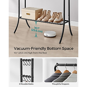 SONGMICS Clothes Rack, Clothing Rack with Shelves, Garment Racks Heavy Duty, Double Rod Clothes Rack with 6 Hooks, Clothes Storage and Display, for Living Room, Bedroom, Ink Black UHSR109B01