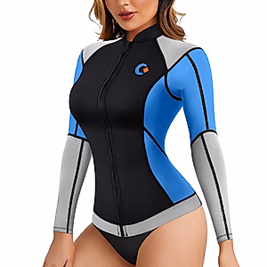 CtriLady Wetsuit Top, 1.5mm High-Necked Women’s Wetsuit Long Sleeve Jacket Neoprene Wetsuits with Front Zipper for Swimming, Diving, Surfing, Boating, Sauna, Fitness and Sweating(Blue, S)
