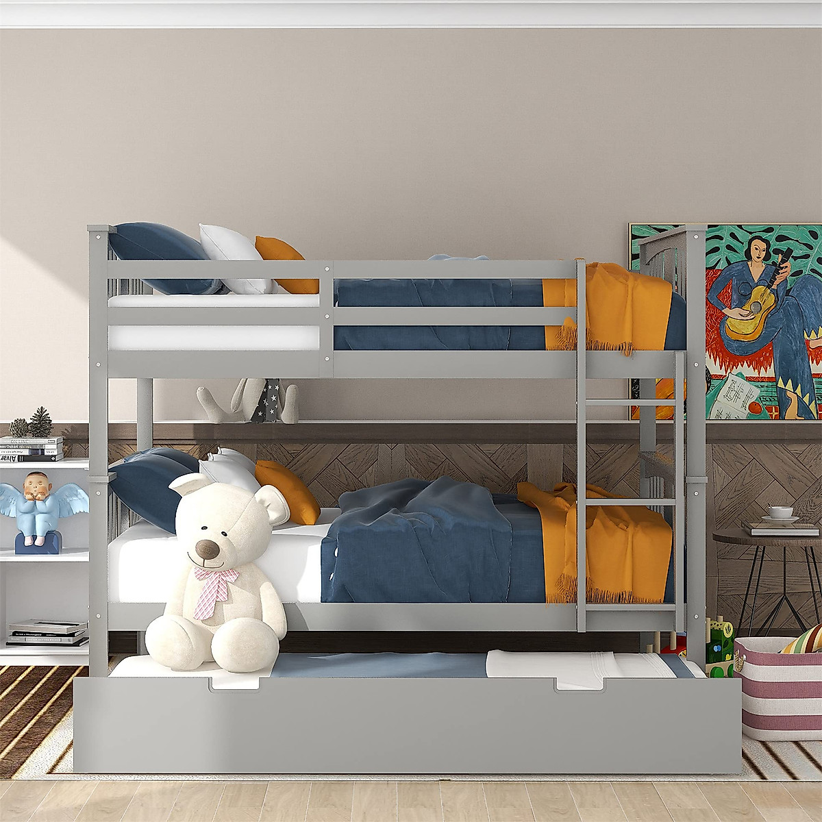 Harper & Bright Designs Full Over Full Bunk Bed with Trundle, Solid Wood Bunk Bed with Ladder for Bedroom, Guest Room Furniture – Gray