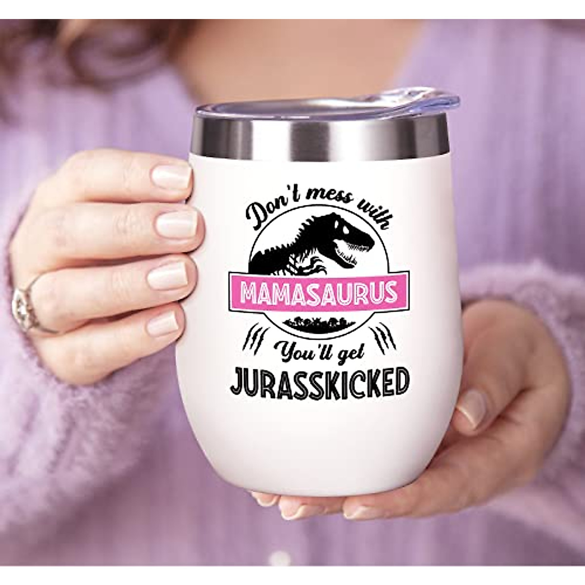 Fimibuke Mom Gifts for Mothers Day from Daughter Son Kids, 12 Oz Wine Tumbler Birthday Gifts for Mom, Her, Mother, Mother-in-Law, Wife, Women, Insulated Coffee Cup Present Gifts Boxed (A1.Mamasaurus)