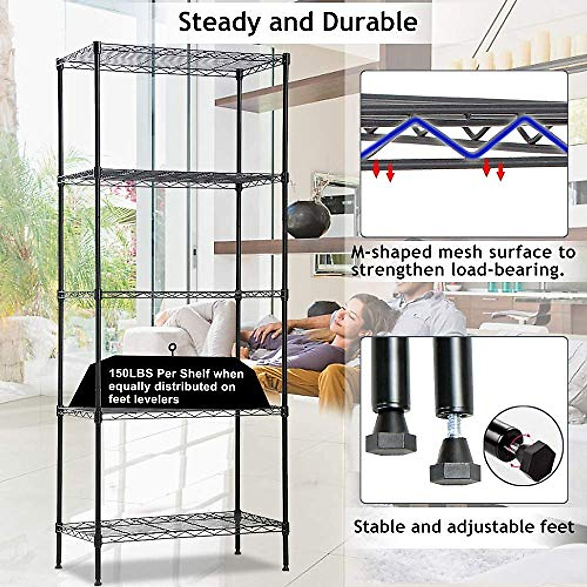 NSF 5-Tier Wire Shelving Unit, Layer Shelf Utility Steel Commercial Grade Storage Shelves Heavy Duty Metal Shelves Organizer Rack with Leveling Feet for Kitchen Office Garage, 24"L x 14"W x 60"H,Black