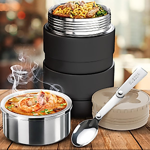 Earth&ME Stainless Steel Thermo For Hot Food 17OZ with Folding Spoon, Vacuum Insulated Food Container, Soup Thermo with Wide Mouth, Insulated Food Jar for Hot & Cold Food, Matte Black