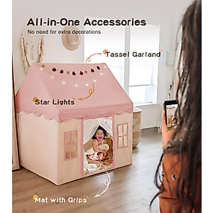 Large Kids Tent with mat, Star Lights, Tissue Garland, Play Tent Indoor & Outdoor, Kids Play Tent for Girl & Boy Aged 3+, Kids Tent for Toddler, 52" x35" x 52" Play House with Windows, Washable, Pink