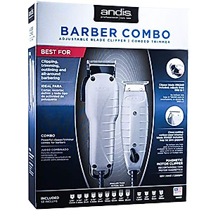 Andis Barber Combo-Powerful High-speed adjustable clipper blade & T-Outliner T-blade trimmer with fine teeth for dry shaving, outlining and fading With a BeauWis Blade Brush Included