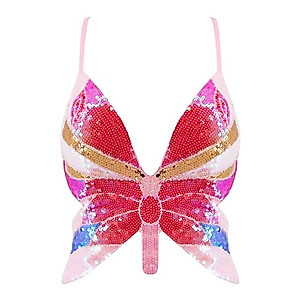 Haoohu Women's Sparkle Butterfly Sequin Crop Top Rave Party Top Shirts