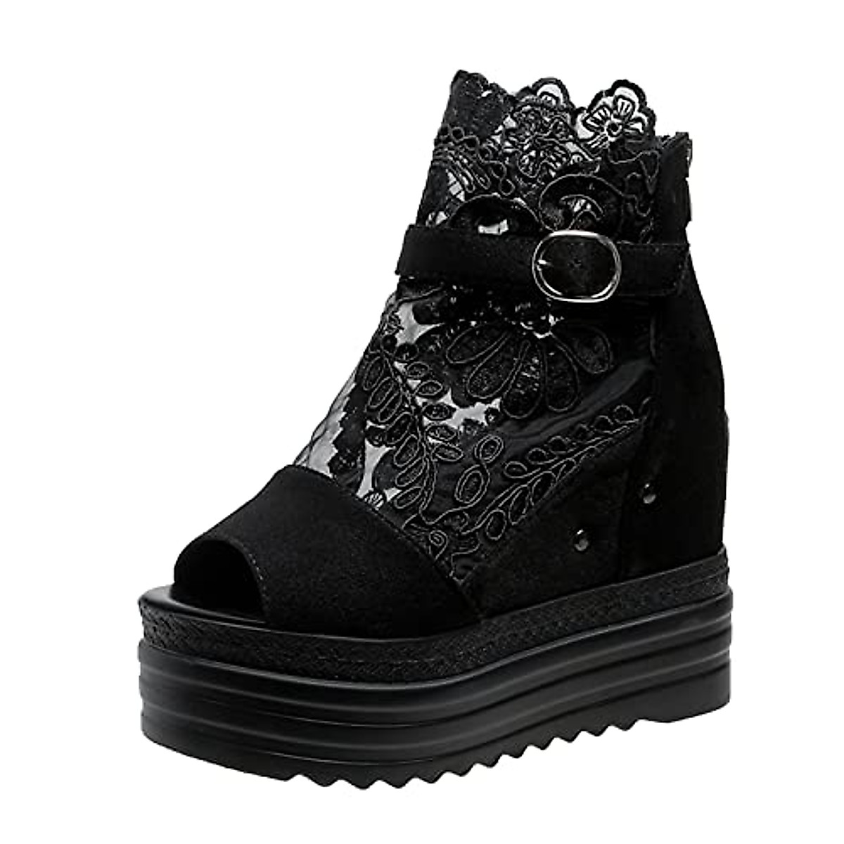 Ladies Fashion Solid Color Summer Breathable Mesh Open Toed Back Zippered High Soled Womens Size 12 Shoes Sandals (Black, 7.5)