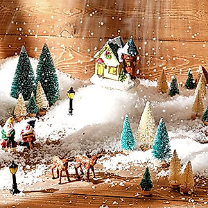 Yerliker 28 Pieces Christmas Mini Miniature Village Accessories Artificial Trees Street Lamps Santa Snow Houses Elk for Miniature Scenes Village Displays (Lake Blue and Beige,Gnome Style)