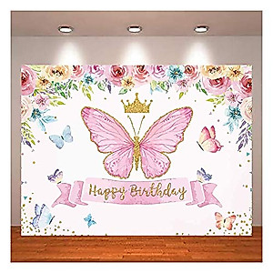 XLL Happy Birthday Theme Photography Backdrops Butterfly Pink Rose Flower Crown Photo for Fairy Princess Girl Birthday Party Decoration Banner Studio Cake Table Floral Background 5x3ft