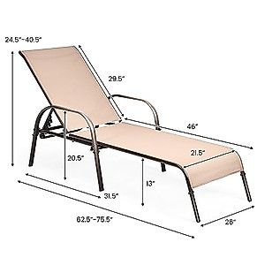 Giantex Set of 2 Adjustable Patio Chaise Lounge, Outdoor Folding Lounge Recliner Chairs w/Adjustable Backrest, Sturdy Metal Frame, Sunbathing Chair for Beach, Yard, Balcony, Poolside(Brown)