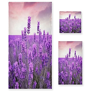 Flradish Lavender Flower Towels 3 Pack Bath Towels for Bathroom Set Soft Cotton Highly Absorbent Lightweight & Quickdry Towel Set 1 Bath Towel,1 Hand Towel,1 Washclothe