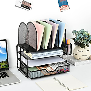ORDROLL Desk Paper Organizers and Accessories - 4-Tier Paper Letter Tray Organizer with File Holder,Drawer and 2 Pen Holders,Desk Accessories & Workspace Organizers for Office,School,Home (Black)
