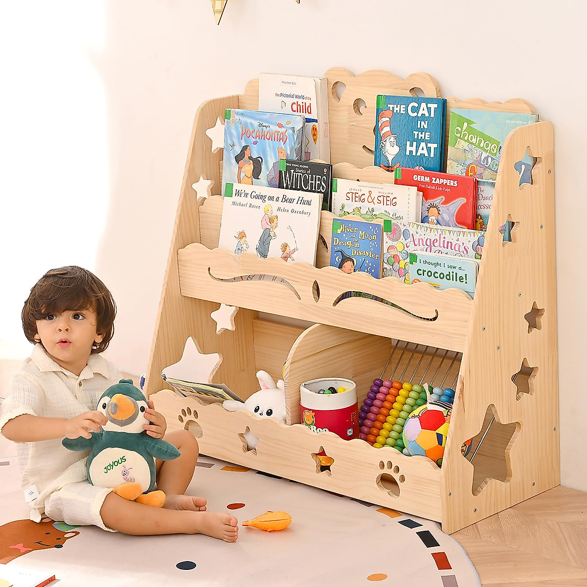 Montessori Bookshelf for Toddlers, Kids Bookshelf and Toy Storage,Toddler Bookshelf for Rooms, BabyBookshelf for Nursery Multifunctional Storage Organization