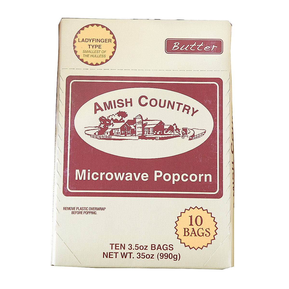 Amish Country Popcorn | Old Fashioned Microwave Popcorn | 10 Bags Ladyfinger Butter | Non-GMO, Gluten Free, Microwaveable and Kosher (10 Bags)