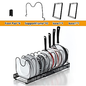 Pots and Pans Organizer, Expandable Pot and Pan Organizer for Cabinet, Pan Organizer Rack for Cabinet with 10 Adjustable Dividers, Pot Lid Organizer, Black Pot Organizer Rack for Under Cabinet