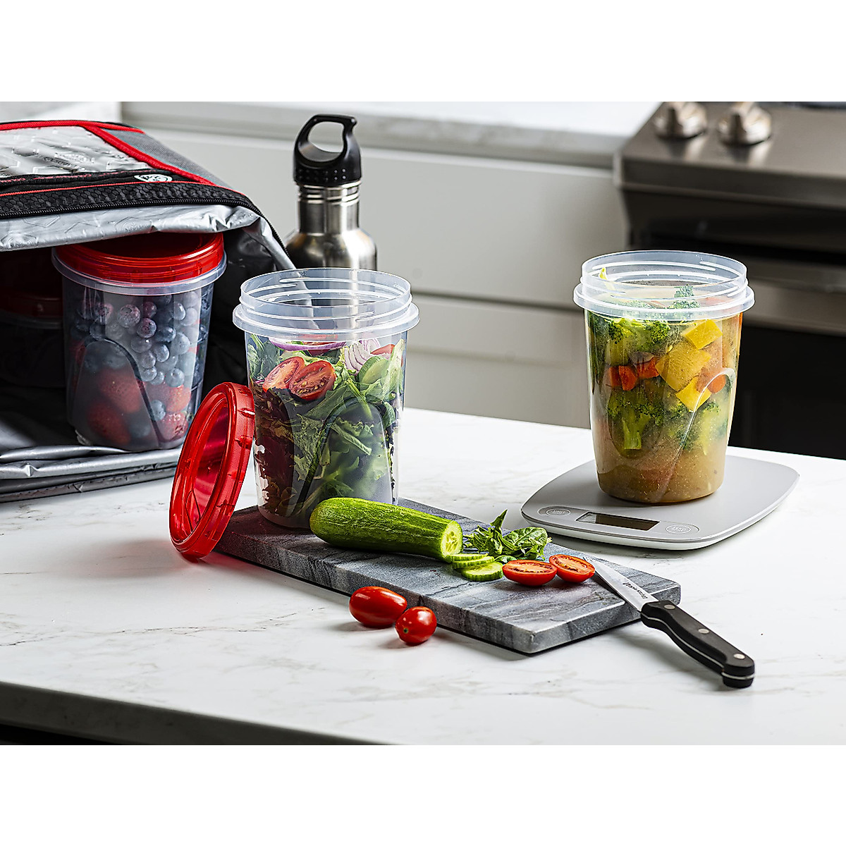 Elegant Disposables (32 Ounce 10 Pack) Twist cap Containers Clear Bottom With Red Top Screw on Lids Twist Top Food Storage Freezer Containers