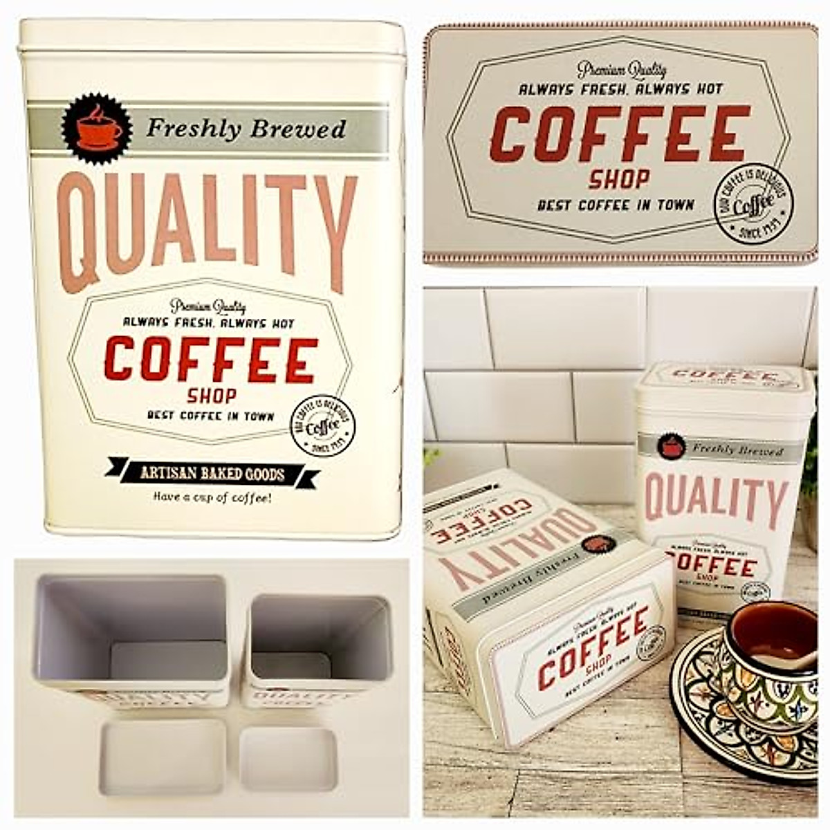 hadaaya Farmhouse Coffee Storage Container Set with Lids – Tall Rectangular Canisters for Coffee & Tea – Airtight White Kitchen Canister Set