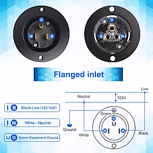 Flanged Inlet UL Listed 15 Amp 125V RV Electrical Inlet Male Receptacle with Waterproof Cover NEMA 5-15 Plug for Shore Power Marine Boat Commercial Grade 2 Pole 3 Wire