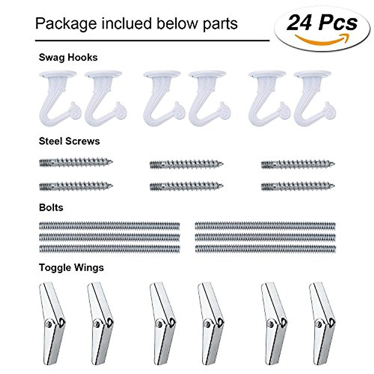 BBTO Swag Ceiling Hooks and Hardware Set, Swag Hooks with Steel Screws/Bolts and Toggle for Ceiling Installation Cavity Wall Fixing (6)