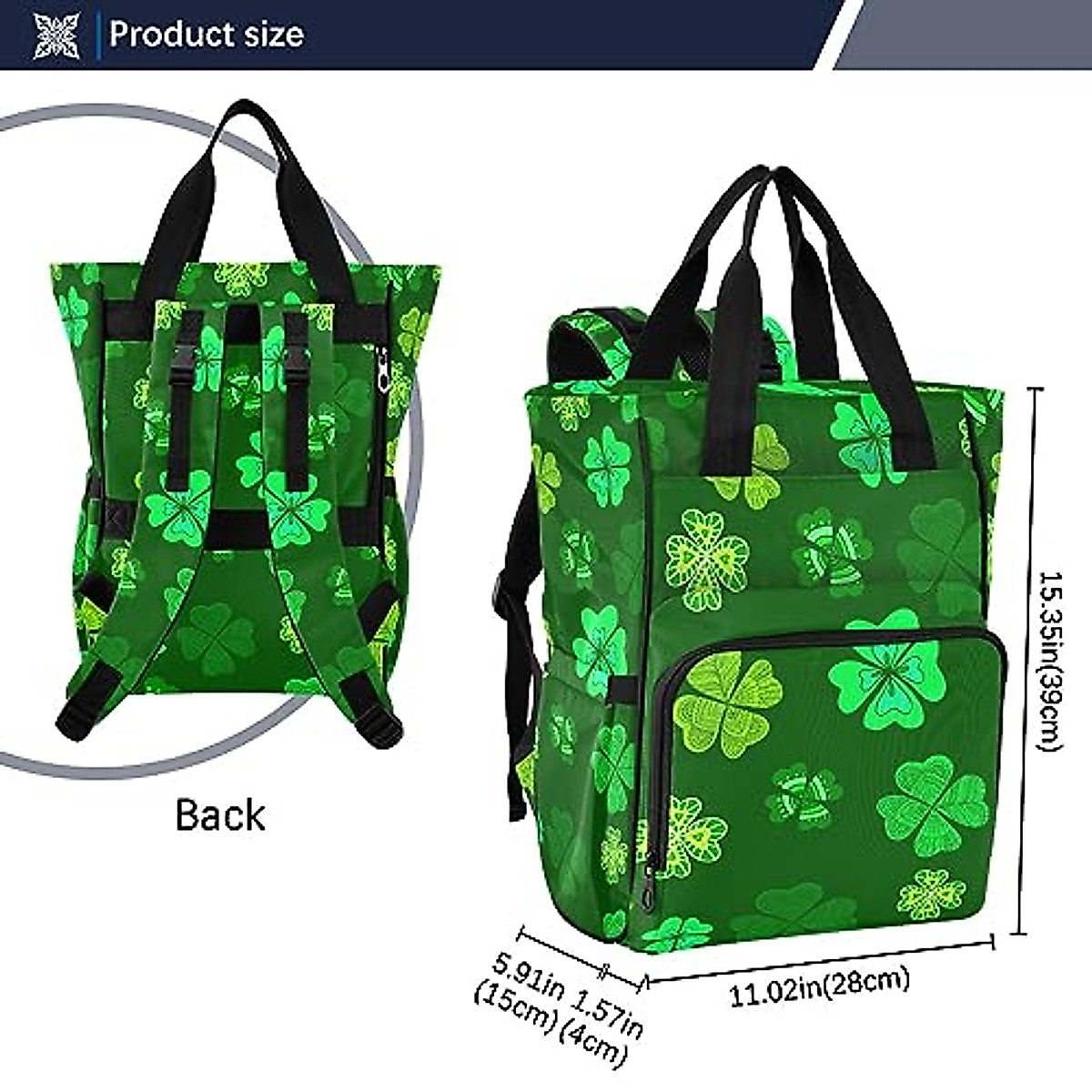 St Patrick's Day Clover Leaves Diaper Bag Backpack for Baby Boys Girls Baby Essentials Travel Tote with Stroller Straps & Bottle Storage Large Travel Diaper Backpack for Shopping Hiking Traveling