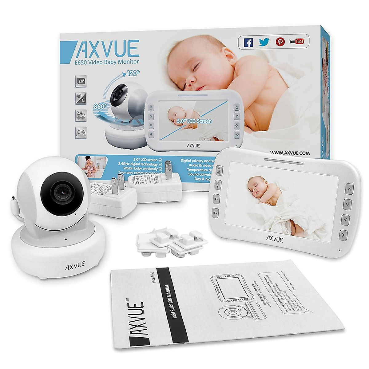 Video Baby Monitor with Remote-Controlled Camera and Wide Screen by Axvue, Grey, Model E650