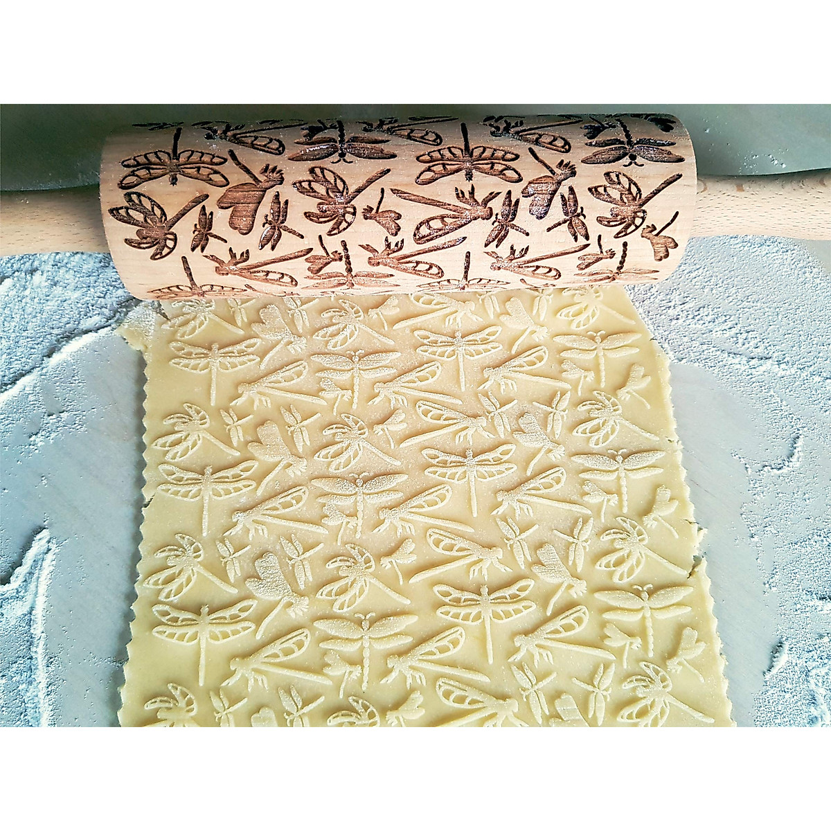 DRAGONFLY EMBOSSING ROLLING PIN WOODEN EMBOSSING ROLLING PIN with DRAGONFLY for EMBOSSED COOKIES GIFT for MOTHER FRIEND