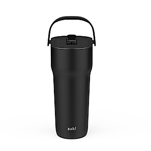 Zak Designs Sutton Travel Tumbler for On the Go, 30oz Stainless Steel with Vacuum Insulation, Straw Spout, Carry Handle for Cold Drinks (Ebony Black)